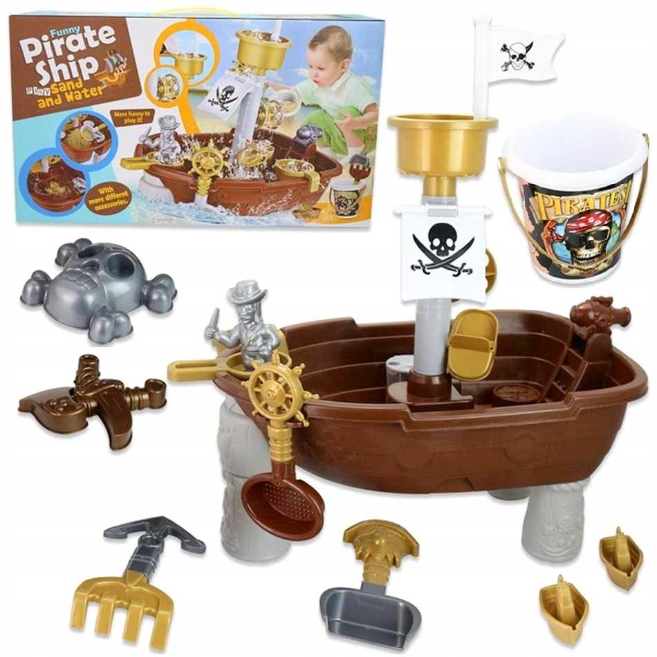 Smėlio dėžė, vandens stalas piratų laivas + priedai (26 vnt.), žema ...