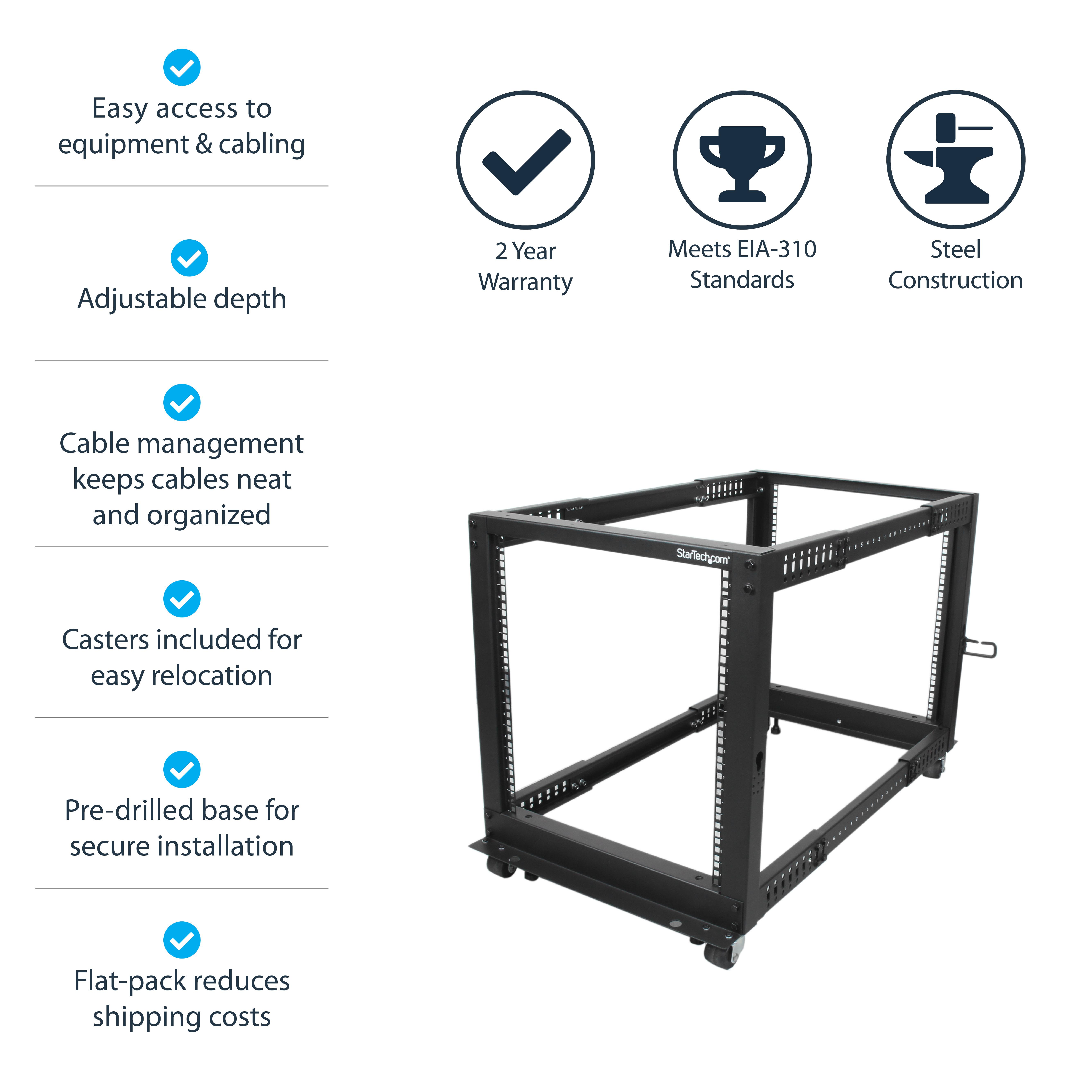 StarTech 12U SERVER RACK - OPEN FRAME / ADJUSTABLE DEPTH 4 POST RACK ...