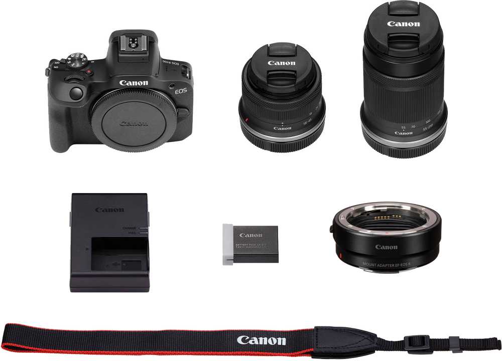 Canon EOS R100 + RF-S 18-45mm + RF-S 55-210mm + Mount Adapteris EF-EOS ...