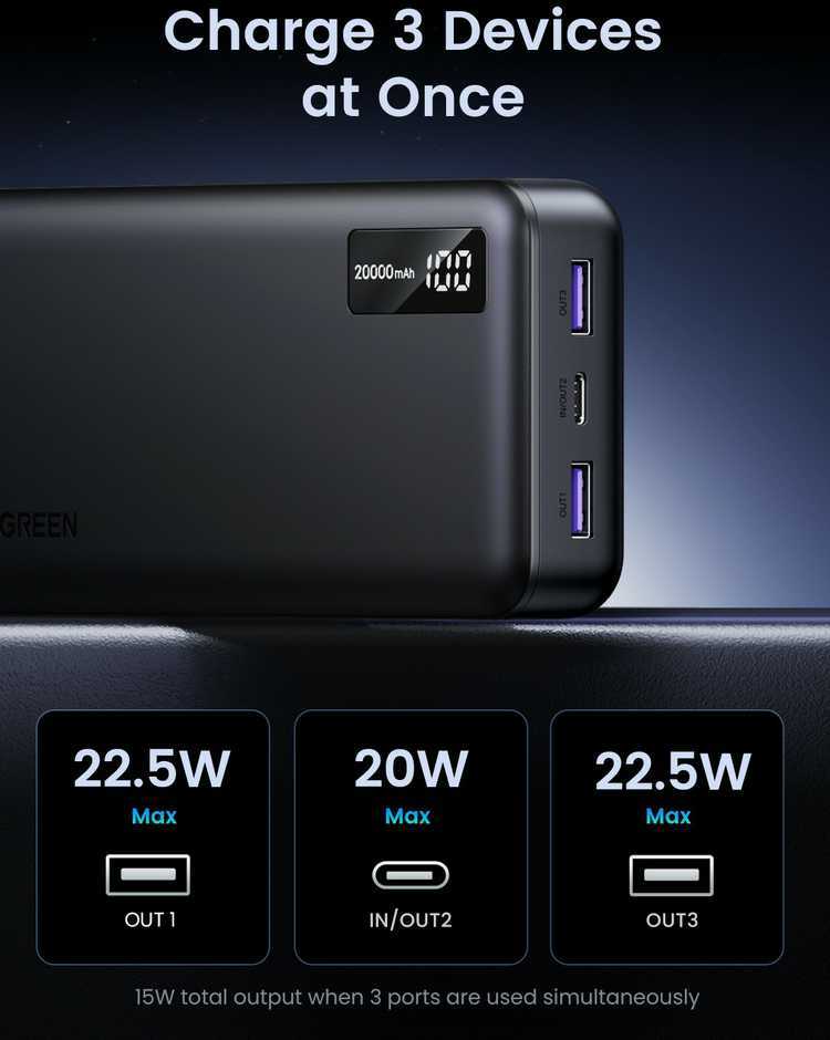 Išorinė baterija Power Bank Ugreen PB313 20W 20000mAh (25683) juoda, žema kaina | Varle.lt