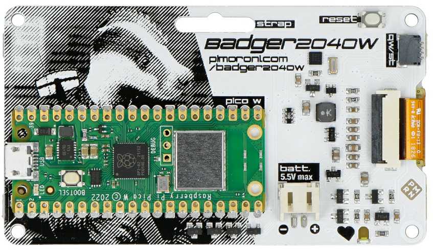 Badger 2040 W – plokštė su Raspberry Pi Pico W ir 2.9 colio elektroninio popieriaus ekranu ...