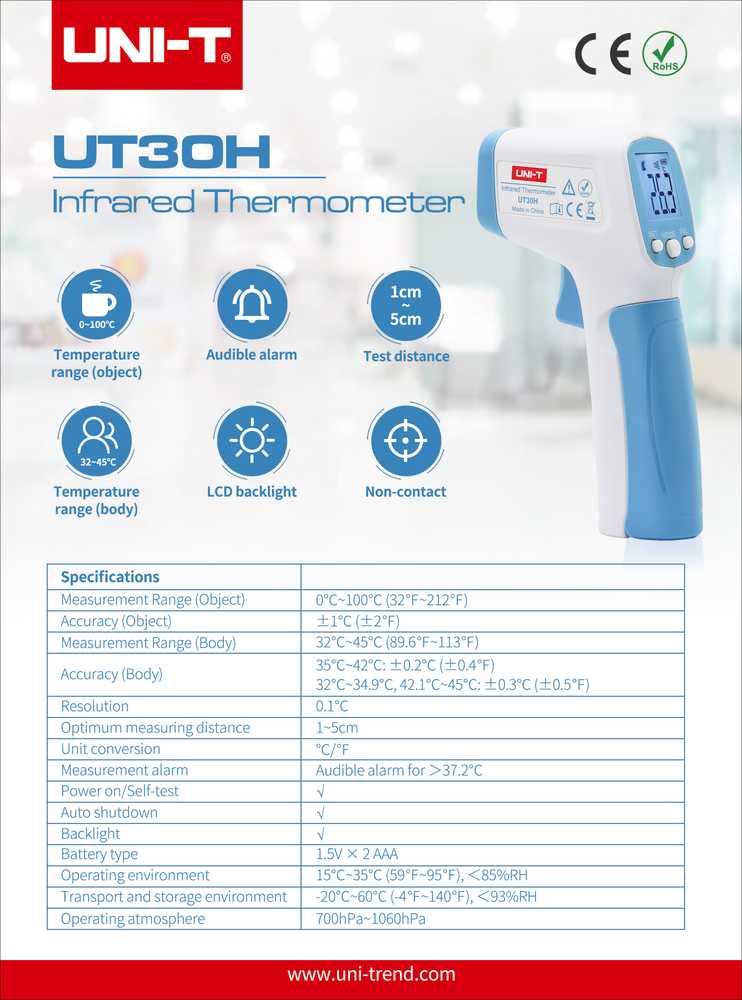 Uni-t Bekontaktis termometras kūno temperatūrai matuoti 32.0°C~45°C ...