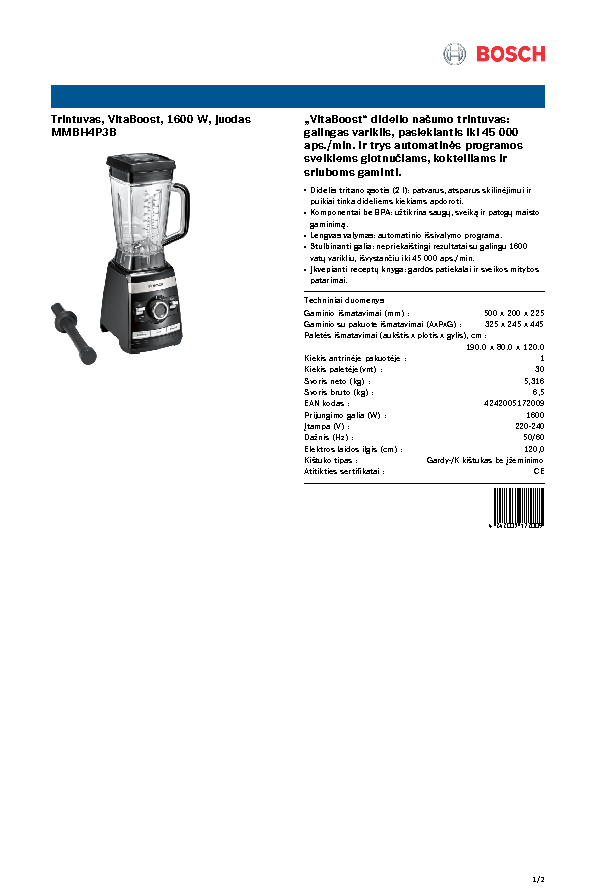 Bosch Greitaeigis maišytuvas, VitaBoost, 1600 W, Juoda MMBH4P3B ...