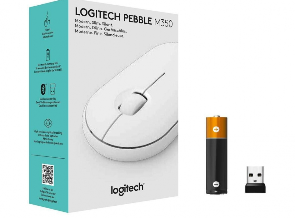 Minimalistinė moderni ir tyli belaidė pelė Logitech Pebble M350, Baltos ...