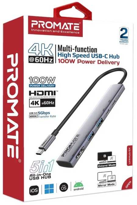 Promate LinkHub-5X Hub HDMI 4K@60Hz / USB-C PD100W, žema kaina | Varle.lt