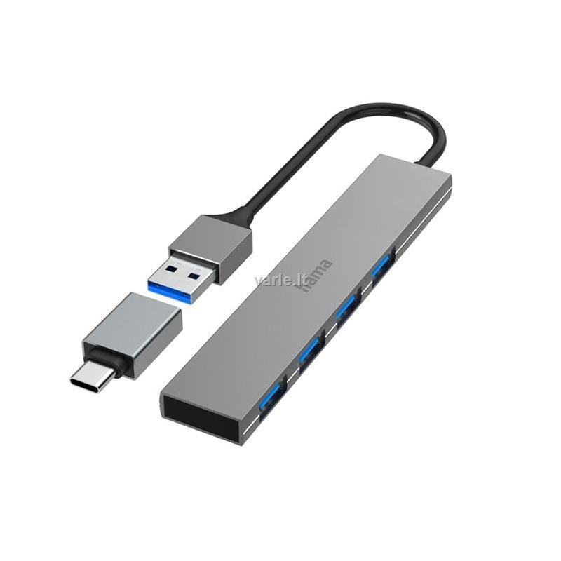 USB šakotuvas Hama 4 pesa USB 3.0 Ultra-Slim + USB-C adapteris, modelis ...