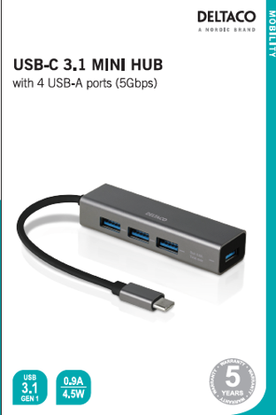 Adapteris DELTACO USB-C HUB 4 jungtys, pilka / USBC-HUB11, modelis ...