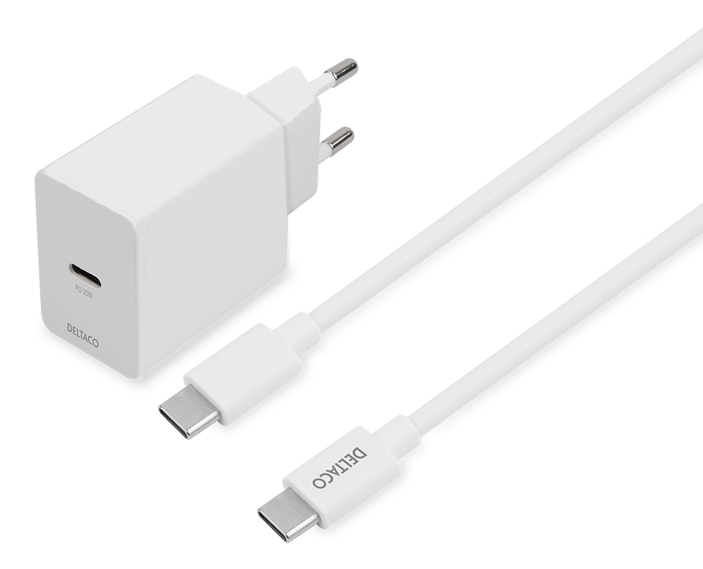 DELTACO USB-C sieninis įkroviklis, 1x USB-C PD 20 W, 1 m USB-C laidas ...