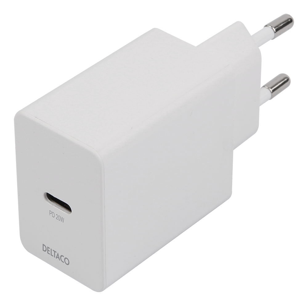 DELTACO USB-C sieninis įkroviklis, 1x USB-C PD 20 W, 1 m USB-C laidas ...