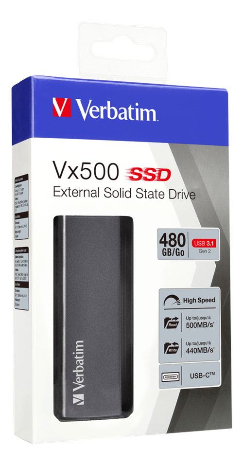 Išorinis kietasis diskas SSD Verbatim Vx500 480GB, USB 3.1, Gen 2, pilkas / V47443, modelis ...