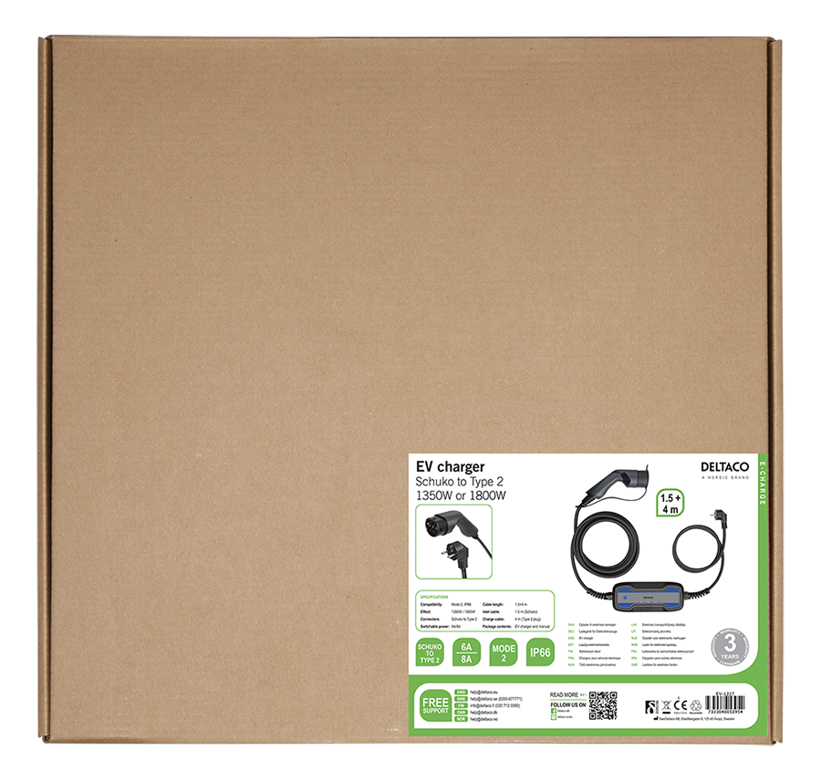 Krovimo kabelis DELTACO e-Charge Schuko į type 2, 1 fazė, 1.8KW, 4m + 1.5m, juodas / EV-1227 ...