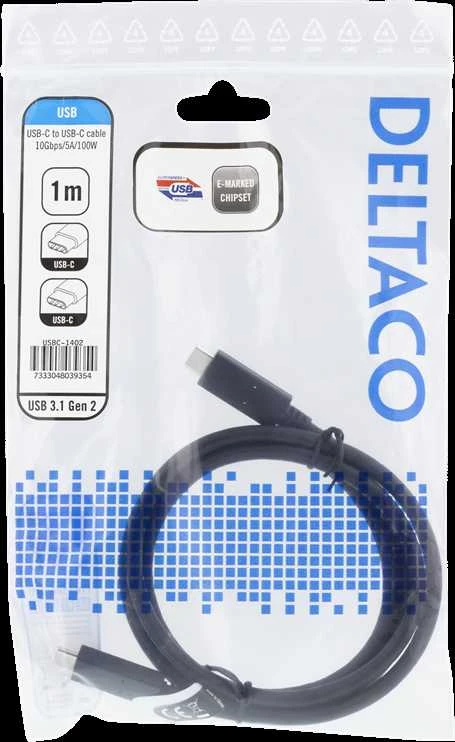 DELTACO USB-C į USB-C laidas, 1m, 10Gbps, 100W 5A, USB 3.1 Gen Juodas ...