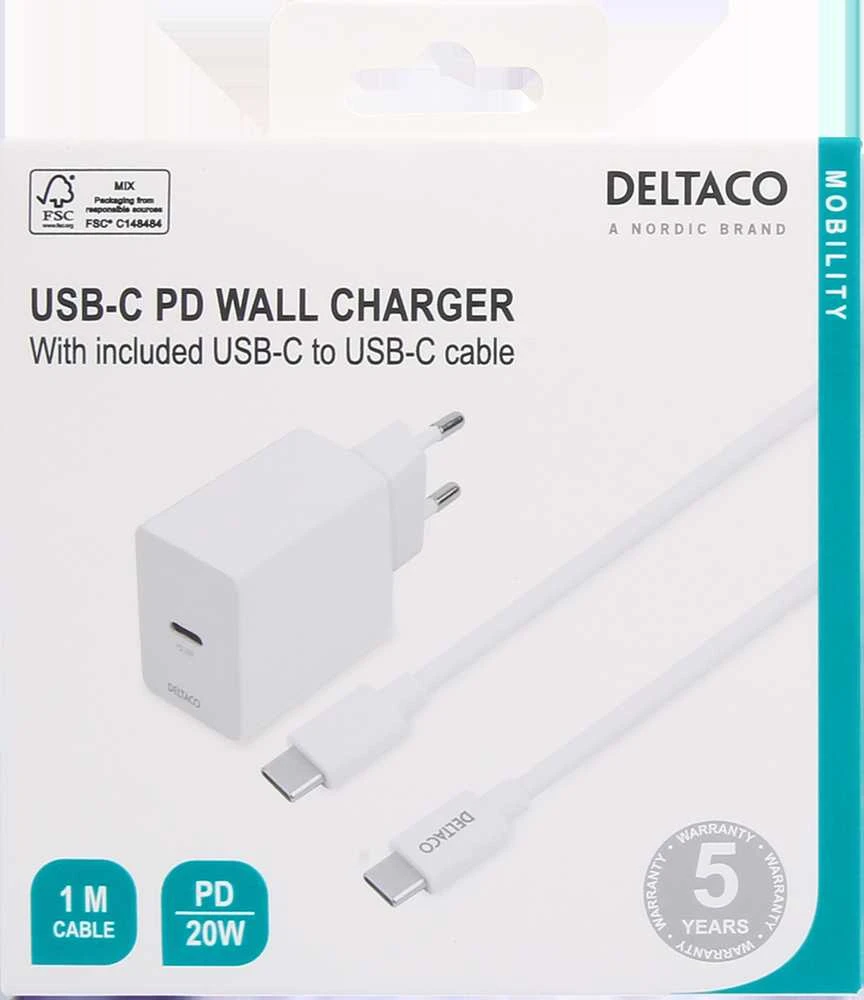DELTACO USB-C sieninis įkroviklis, 1x USB-C PD 20 W, 1 m USB-C laidas ...