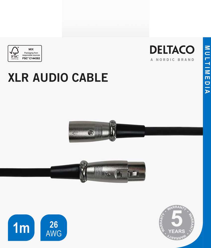 XLR audio kabelis DELTACO 3-pin male - 3-pin female, 26 AWG, 1m, juodas ...