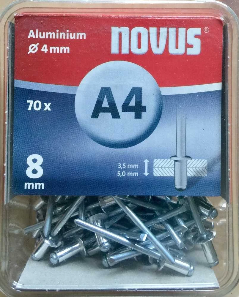 Novus Aliuminio kniedės A4 / 8 NOVUS [70 vnt], modelis - 045-0032, žema ...
