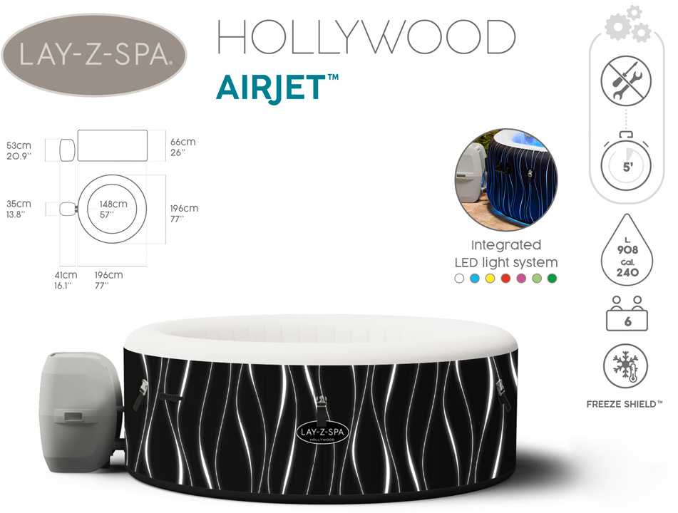 Bestway sūkurinė vonia "Lay-Z-Spa HOLLYWOOD" su LED ir pagalvėlėmis, 4-6 asmenims, modelis ...
