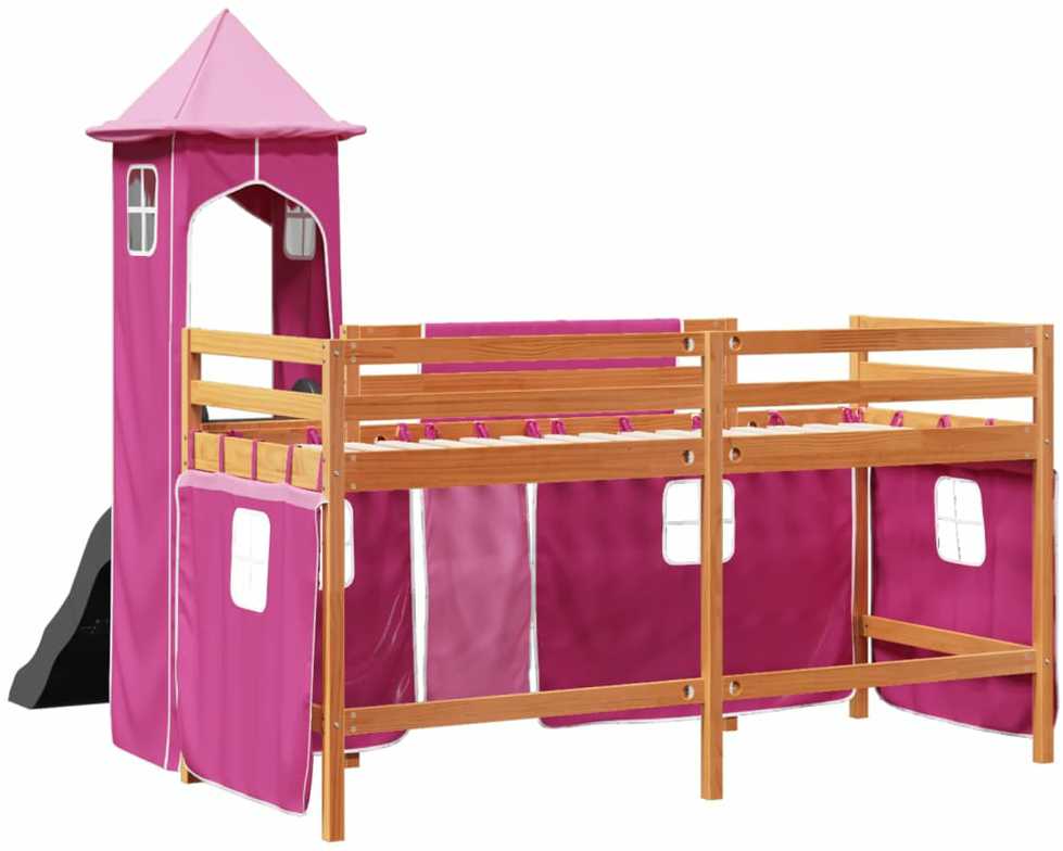 Aukšta vaikiška lova su bokštu, rožinė, 90x200cm, pušis, modelis ...