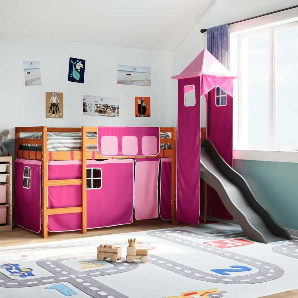 Aukšta vaikiška lova su bokštu, rožinė, 90x190cm, pušis, modelis ...