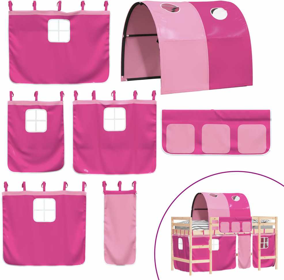 Aukšta vaikiška lova su tuneliu, rožinė, 80x200cm, pušis, modelis ...