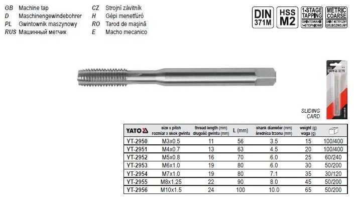 YATO Sriegiklis MASZYNOWY M3, DIN 371 HSS M2 2950, modelis - YT-2950, žema kaina | Varle.lt