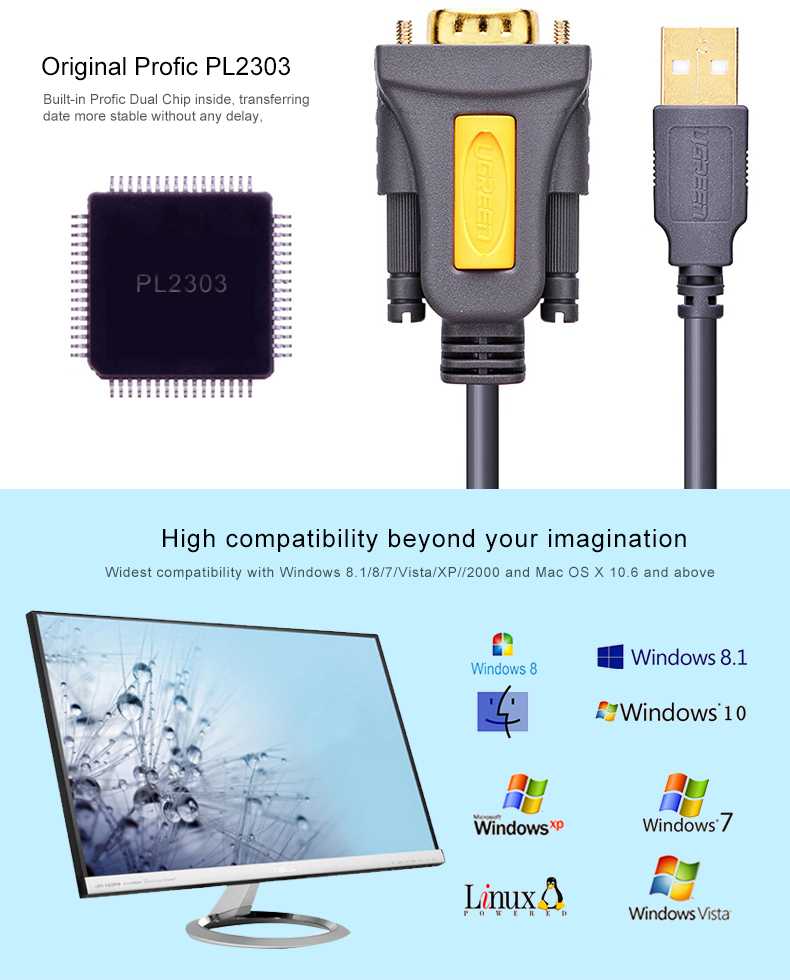 Kabelis USB į RS-232 UGREEN CR104 1.5m, modelis - 20211-ugreen;, žema ...