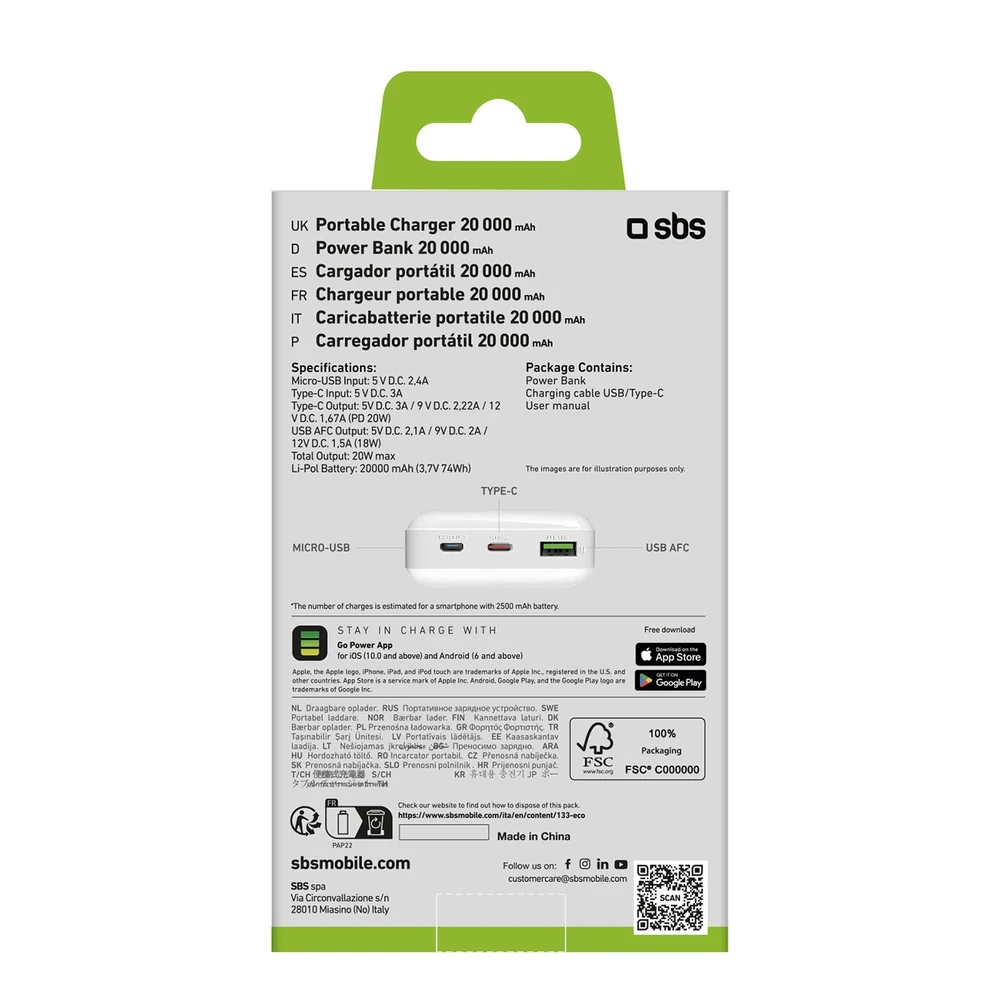 SBS 20000 mAh multi-port power bank su 20W Power Delivery technology ...