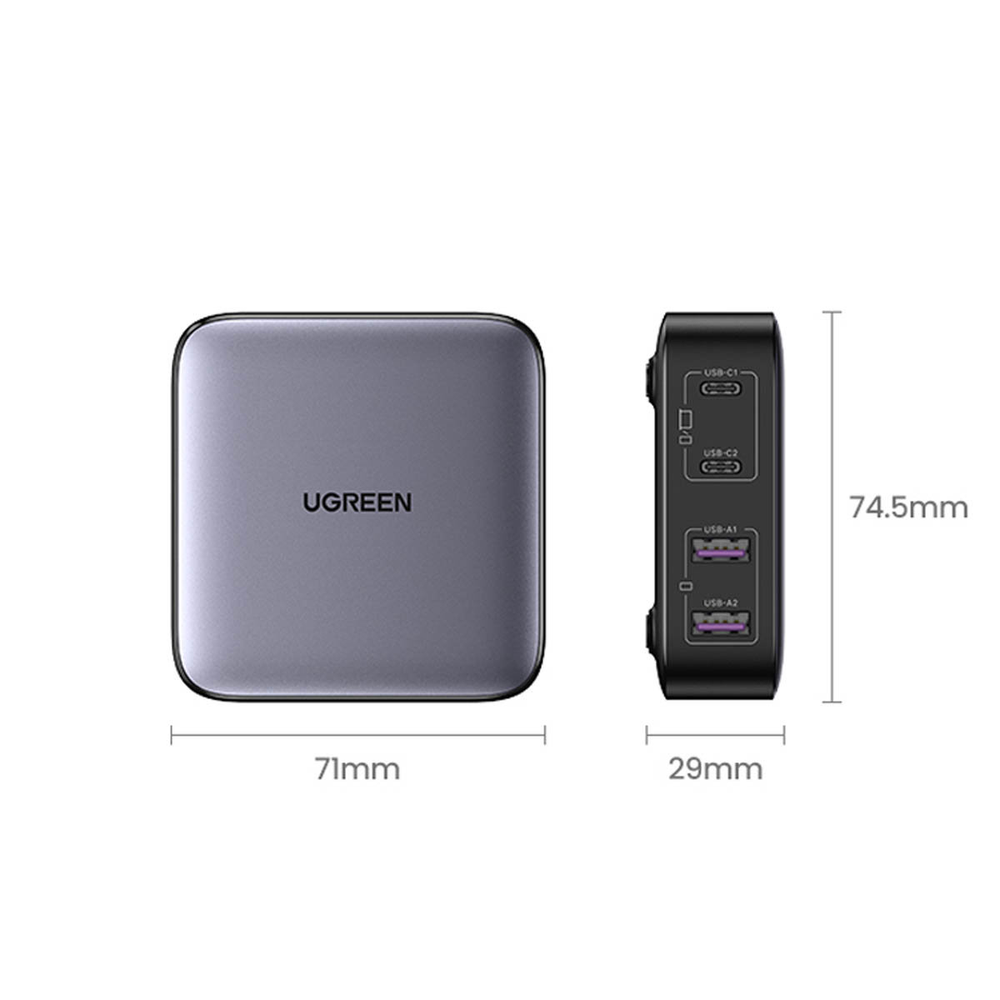 UGREEN CD327 Nexode įkroviklis, 2x USB-C, 2x USB-A, GaN, 65W (pilka), modelis - ‎90747, žema ...